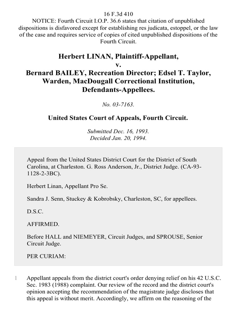 Herbert Linan v. Bernard Bailey, Recreation Director Edsel T. Taylor, Warden, MacDougall ...