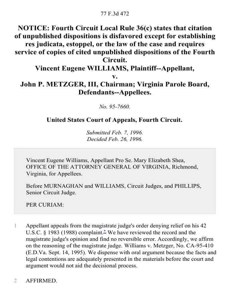 Vincent Eugene Williams v. John P. Metzger, Iii, Chairman Virginia ...