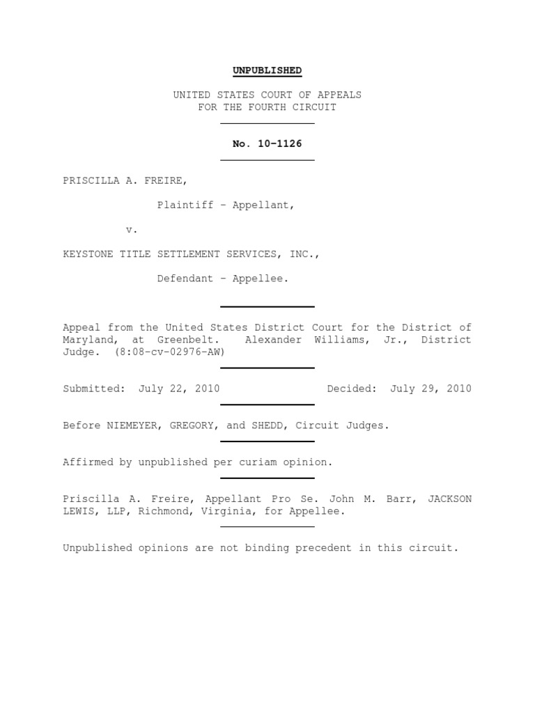 Freire v. Keystone Title Settlement Services, 4th Cir. (2010) | PDF