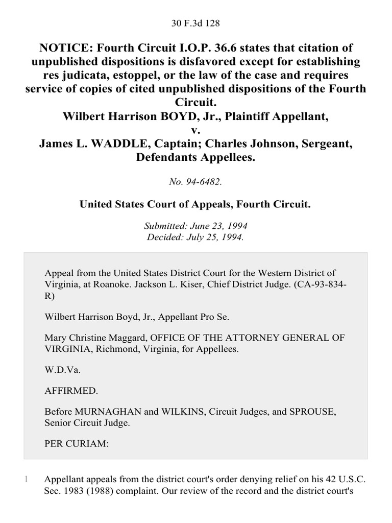 Wilbert Harrison Boyd, Jr. v. James L. Waddle, Captain Charles Johnson ...