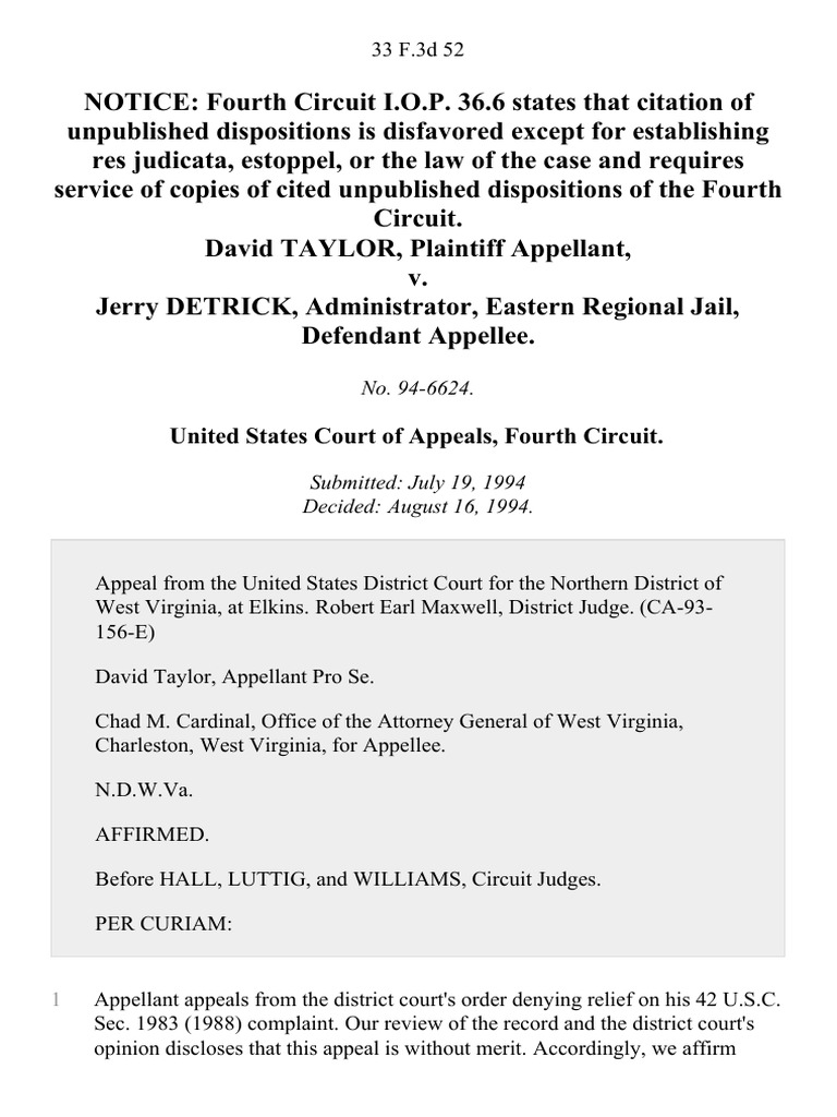 David Taylor v. Jerry Detrick, Administrator, Eastern Regional Jail, 33 ...