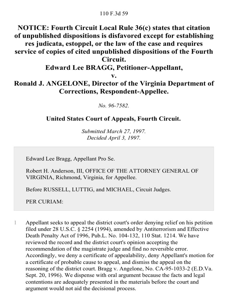 Edward Lee Bragg v. Ronald J. Angelone, Director of The Virginia ...