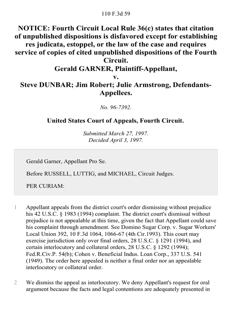 Gerald Garner v. Steve Dunbar Jim Robert Julie Armstrong, 110 F.3d 59, 4th Cir. (1997) | PDF