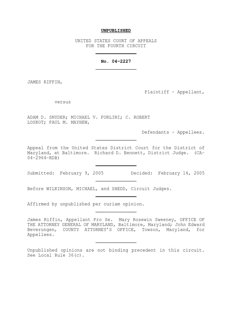 Riffin v. Snyder, 4th Cir. (2005) | PDF