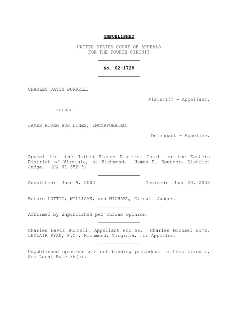 Burrell v. James River Bus, 4th Cir. (2003) | PDF