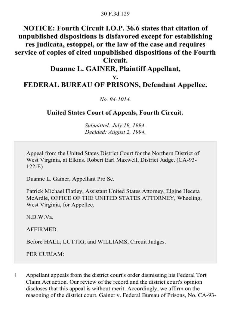Gainer v. Federal Bureau of Prisons Appeal | PDF