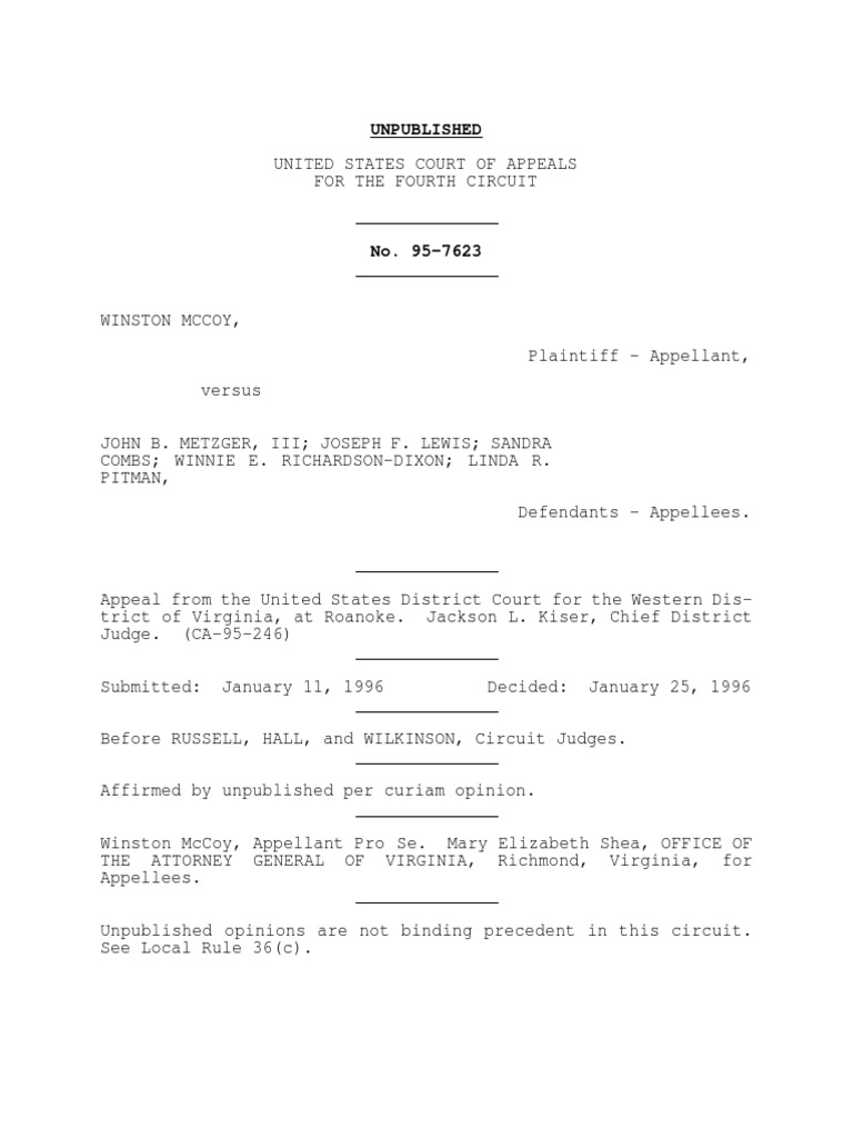 McCoy v. Metzger, 4th Cir. (1996) | PDF | Politics | Law