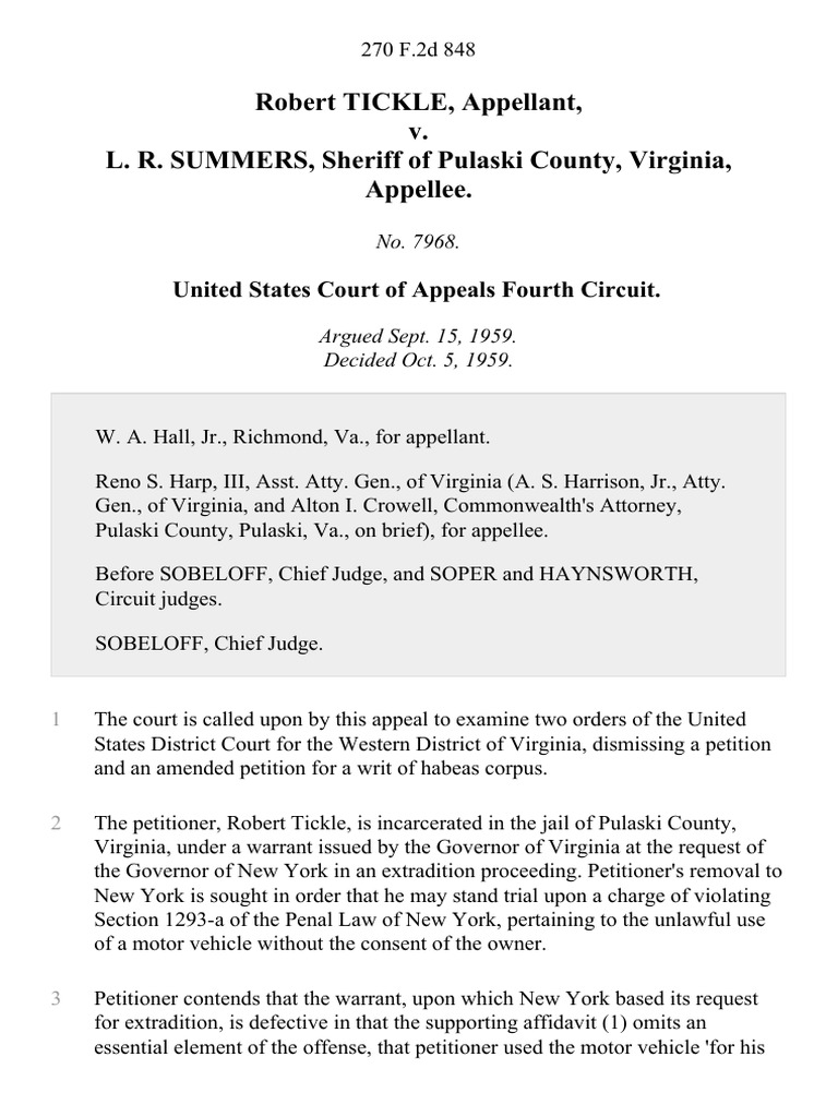 Robert Tickle v. L. R. Summers, Sheriff of Pulaski County, Virginia ...