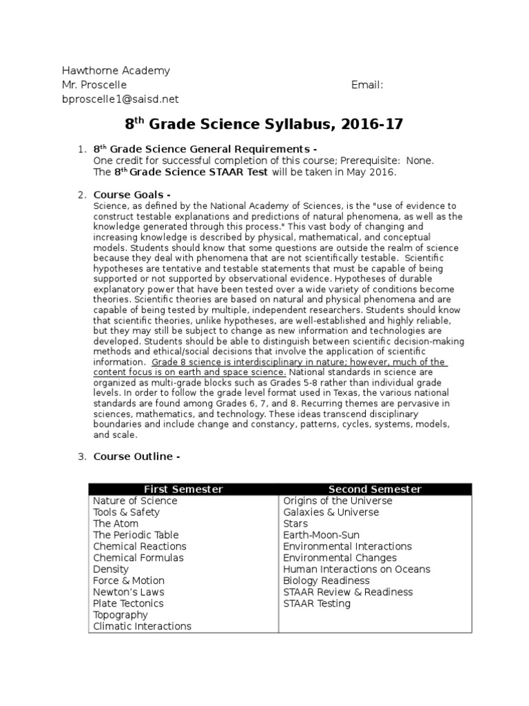 8th grade science syllabus | Theory | Science