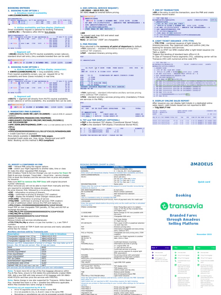 AMADEUS Quick Card For Transavia Bookings | PDF | Credit Card | Payments