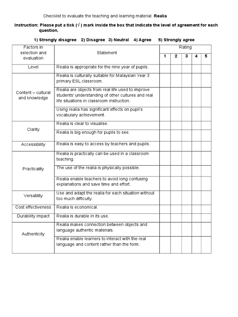 Checklist To Evaluate The Teaching and Learning Material | PDF