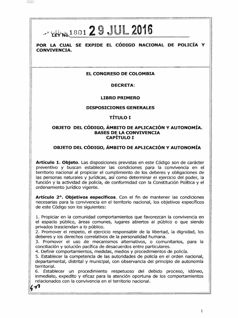 Código Nacional De Policía Ley 1801 De 2016 Pdf Policía Regulación