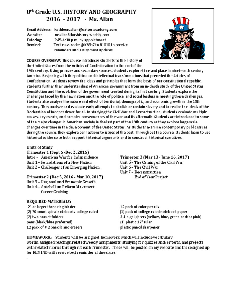 syllabus 8th grade u s history 16 17 | Homework | Curriculum