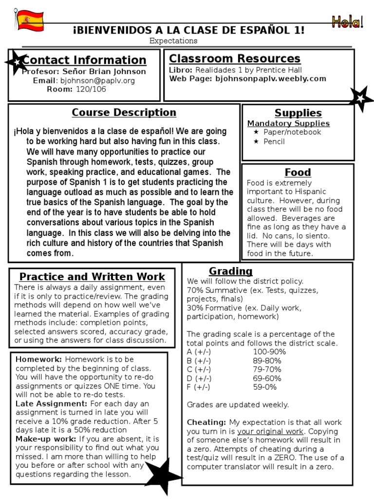 Spanish 1 Classsyllabus-1 | PDF | Homework | Learning