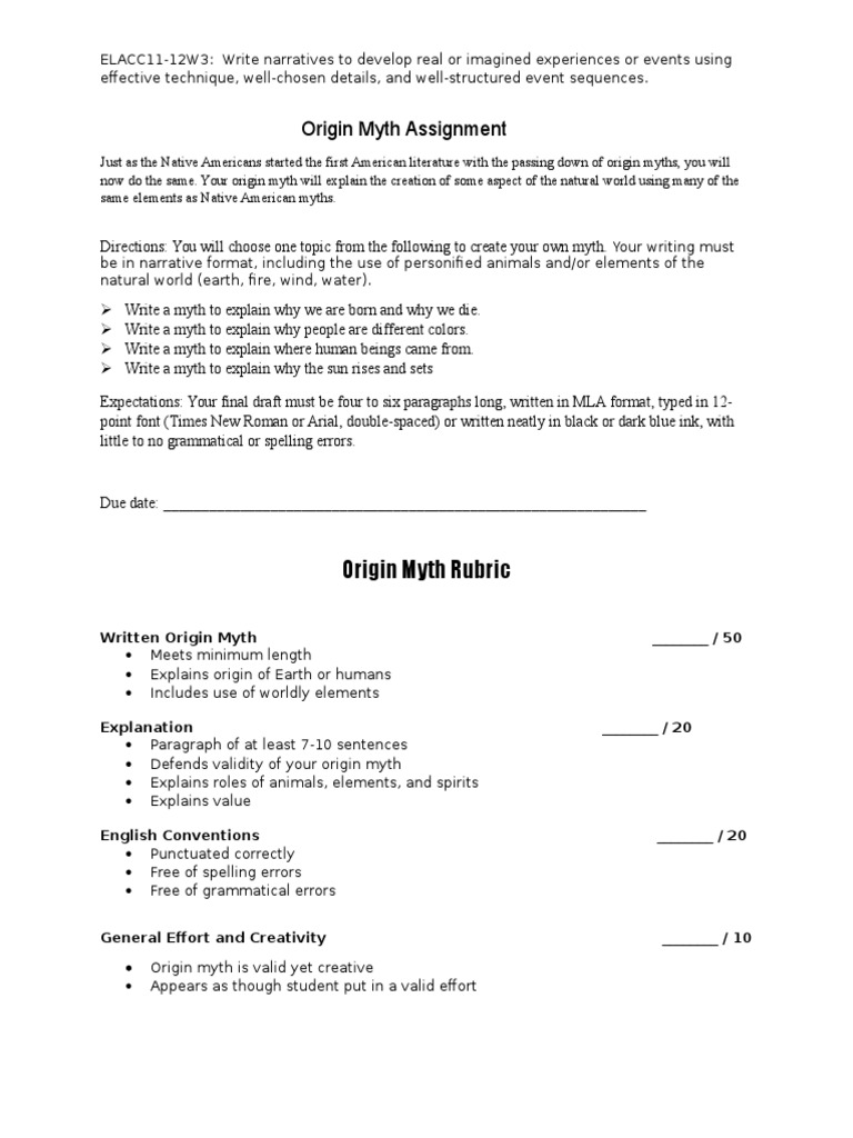Create My Own Myth Assignment | PDF