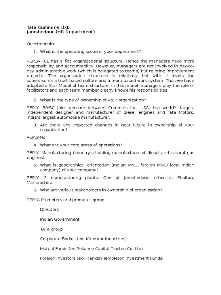 Tata Cummins HR Department Questionnaire | PDF | Employment | Outsourcing