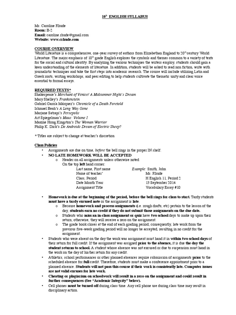 2016-17 10th English Syllabus | Academic Integrity | Homework | Free 30 ...