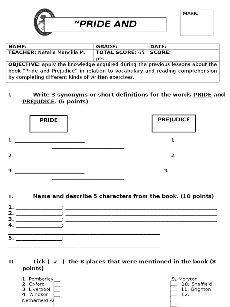 Pride and Prejudice Test | PDF