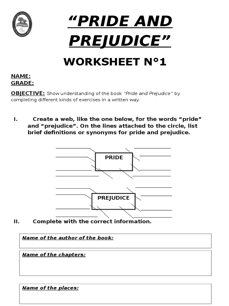Pride and Prejudice worksheet | Pride And Prejudice | Novels
