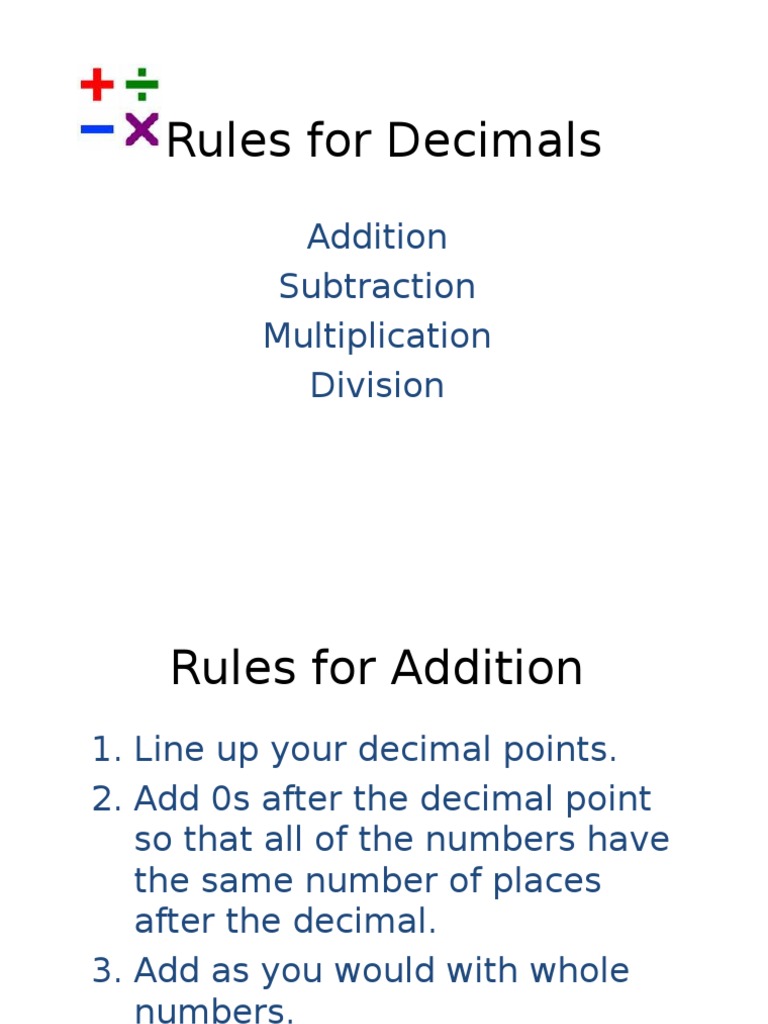 rules for decimals | Division (Mathematics) | Multiplication