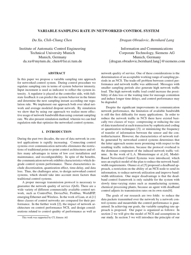Articulo Variable Sampling Rate Networked Control Systems | PDF | Control Theory | Quality Of ...