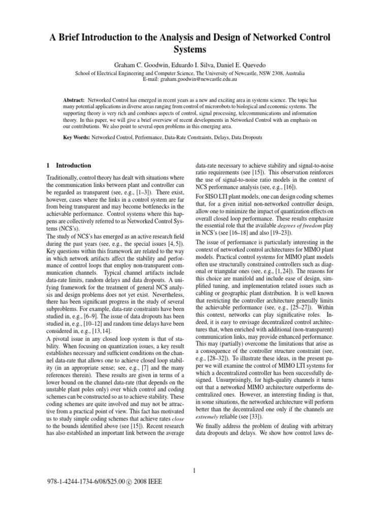 Articulo A Brief Introduction To The Analysis and Design of Networked Control Systems | PDF ...