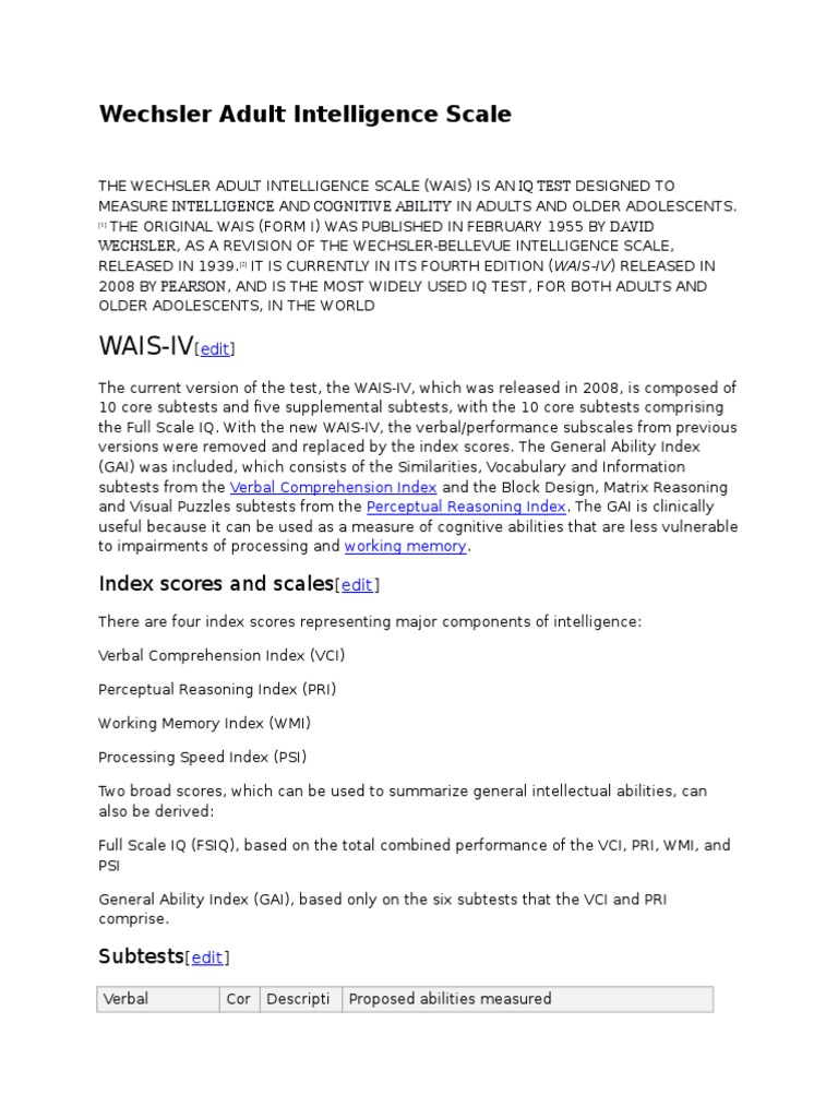 Wechsler Adult Intelligence Scale | Wechsler Adult Intelligence Scale ...