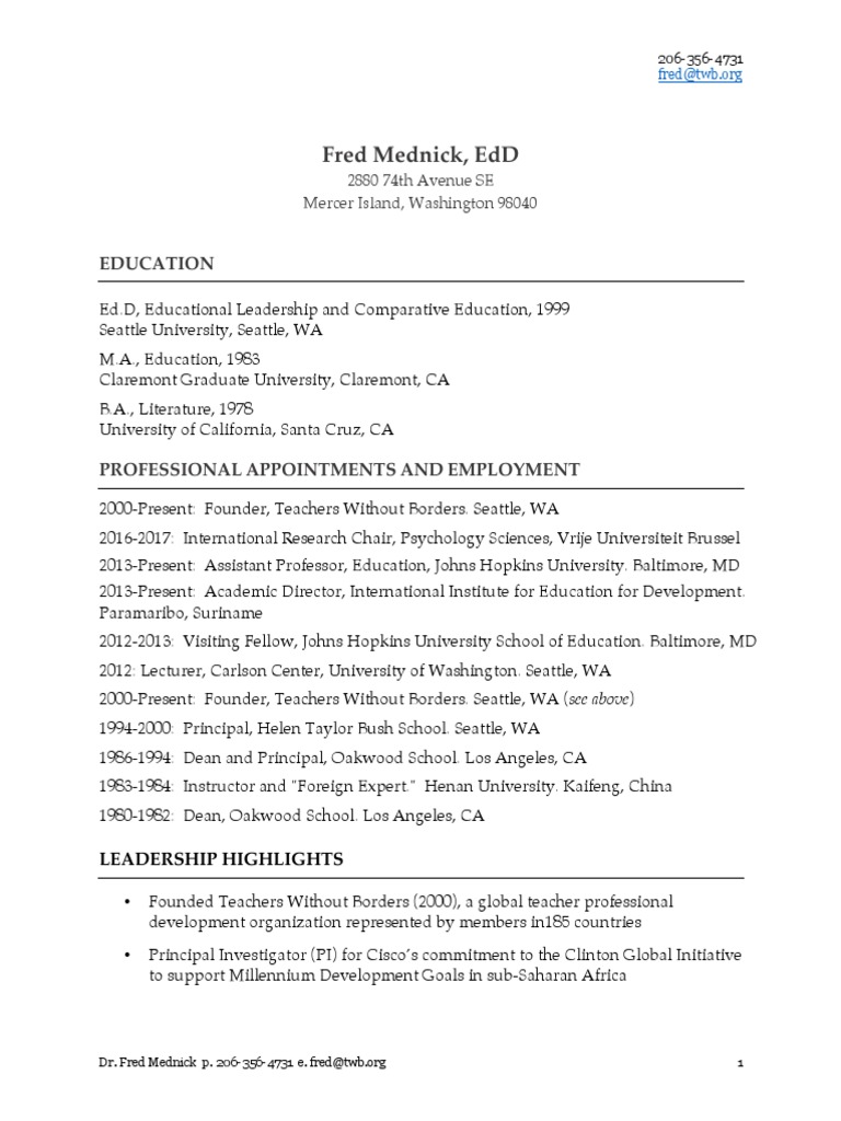 Fred Mednick's Resume | PDF | Non Governmental Organization | Teachers