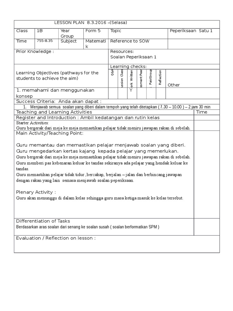 Lesson Plan Semasa Ujian | PDF