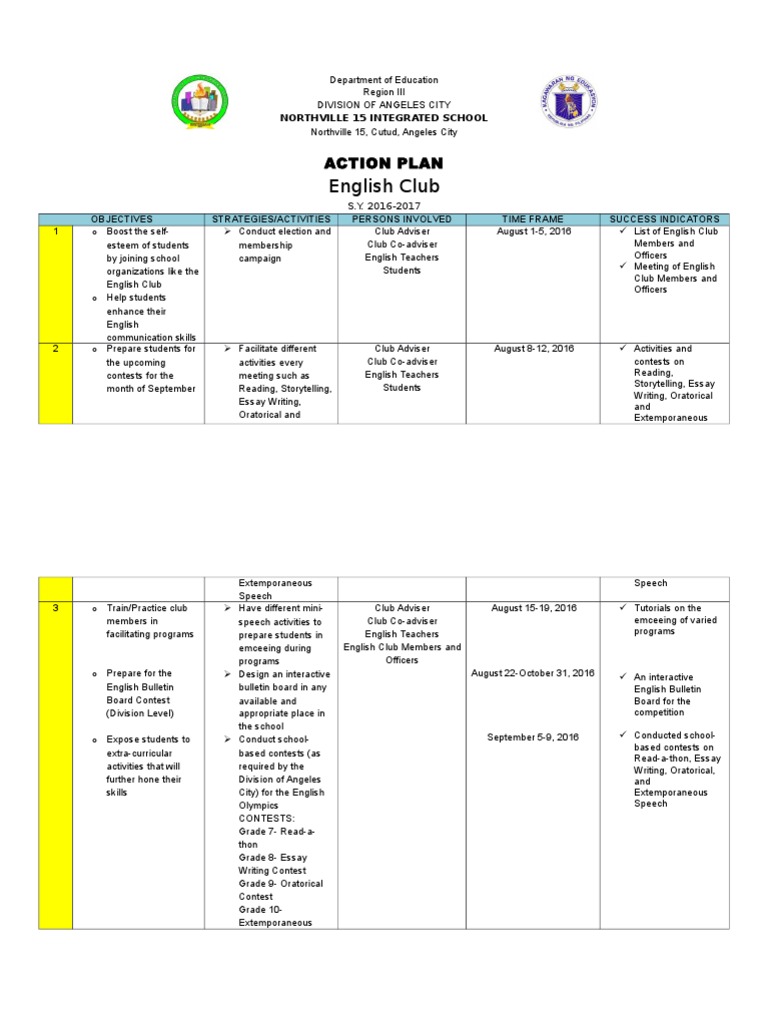 Action Plan-English Club | PDF | Public Speaking | Learning