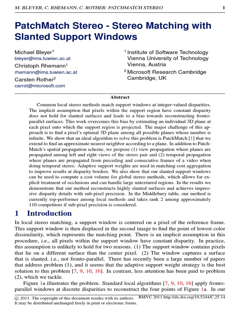 Patchmatch Stereo - Stereo Matching With Slanted Support Windows | PDF | Stereoscopy | Image ...