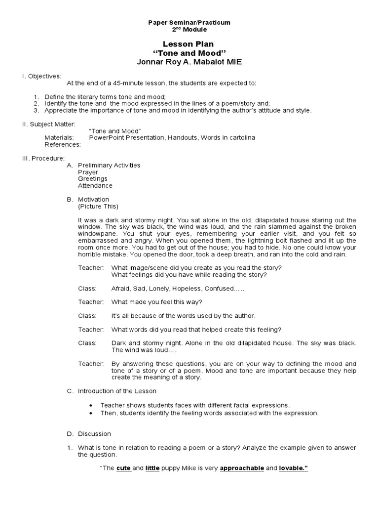Lesson Plan in Tone and Mood Sir Jonnar | PDF | Mood (Psychology ...