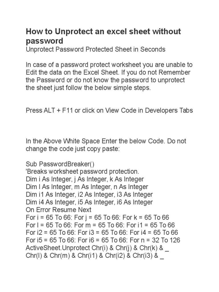 How To Unprotect An Excel Sheet Without Password | PDF