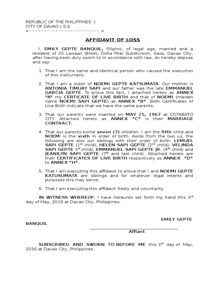 Affidavit Proof of Consaguinity Banquil