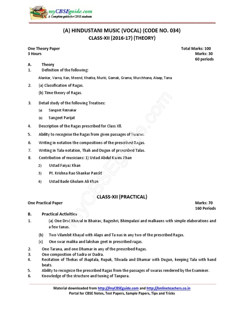 2017 Syllabus 12 Hindustani Music Vocal | PDF | Classical And Art Music ...