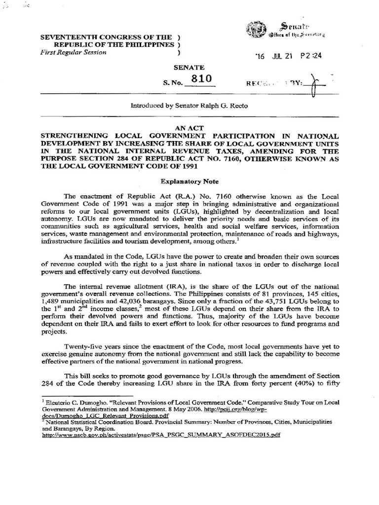 SBN-810: Increasing The Share of The Local Government Units in The ...