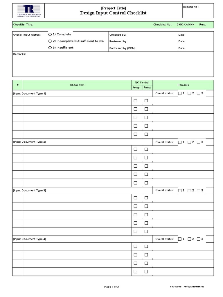 Design Input Control Checklist: 1) Complete 2) Incomplete But ...