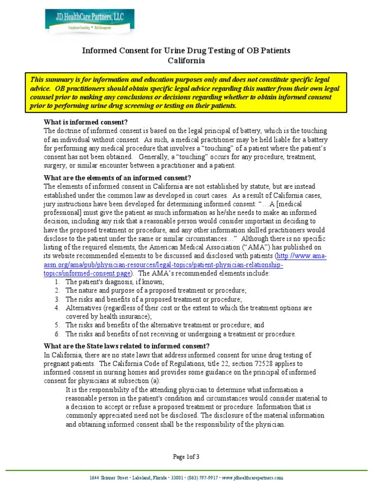 California Informed Consent For Urine Drug Testing of OB Patients PDF | PDF