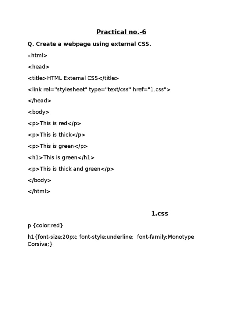 Practical No.-6: Q. Create A Webpage Using External CSS | PDF