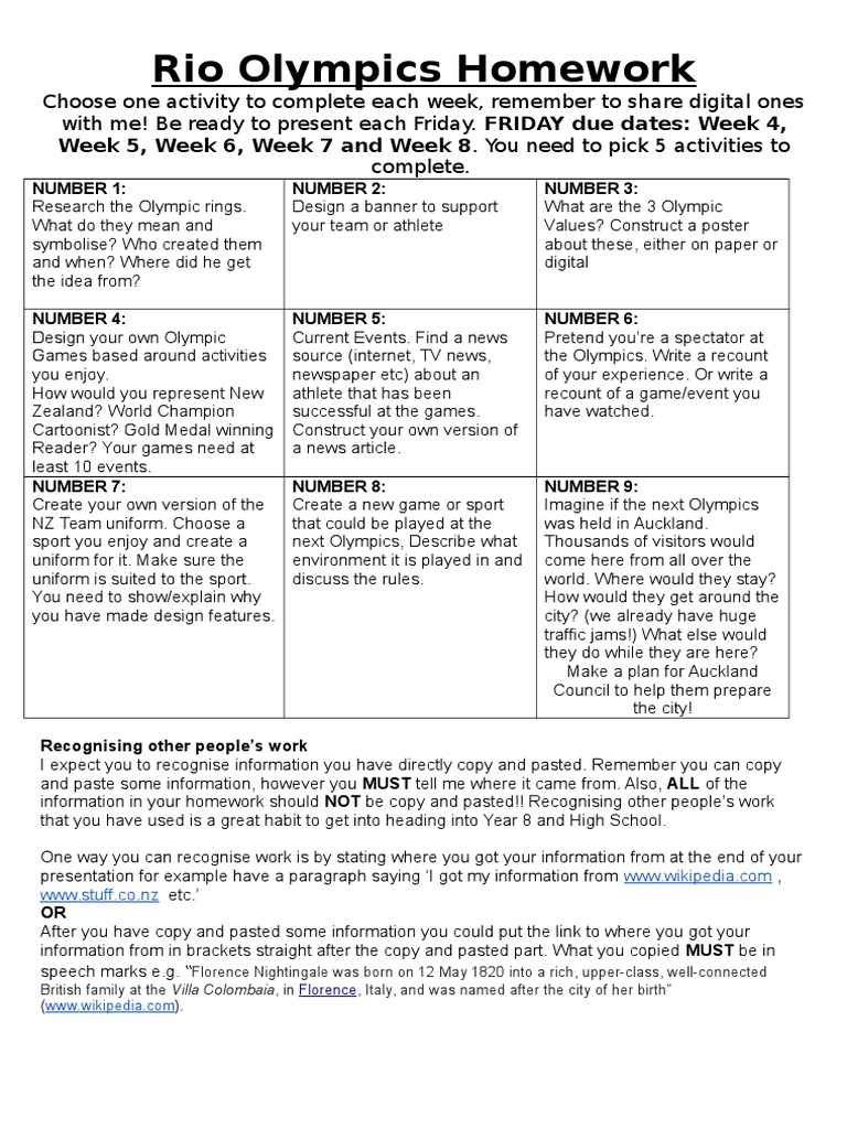 Rio Olympics Homework: Week 5, Week 6, Week 7 and Week 8. You Need To ...