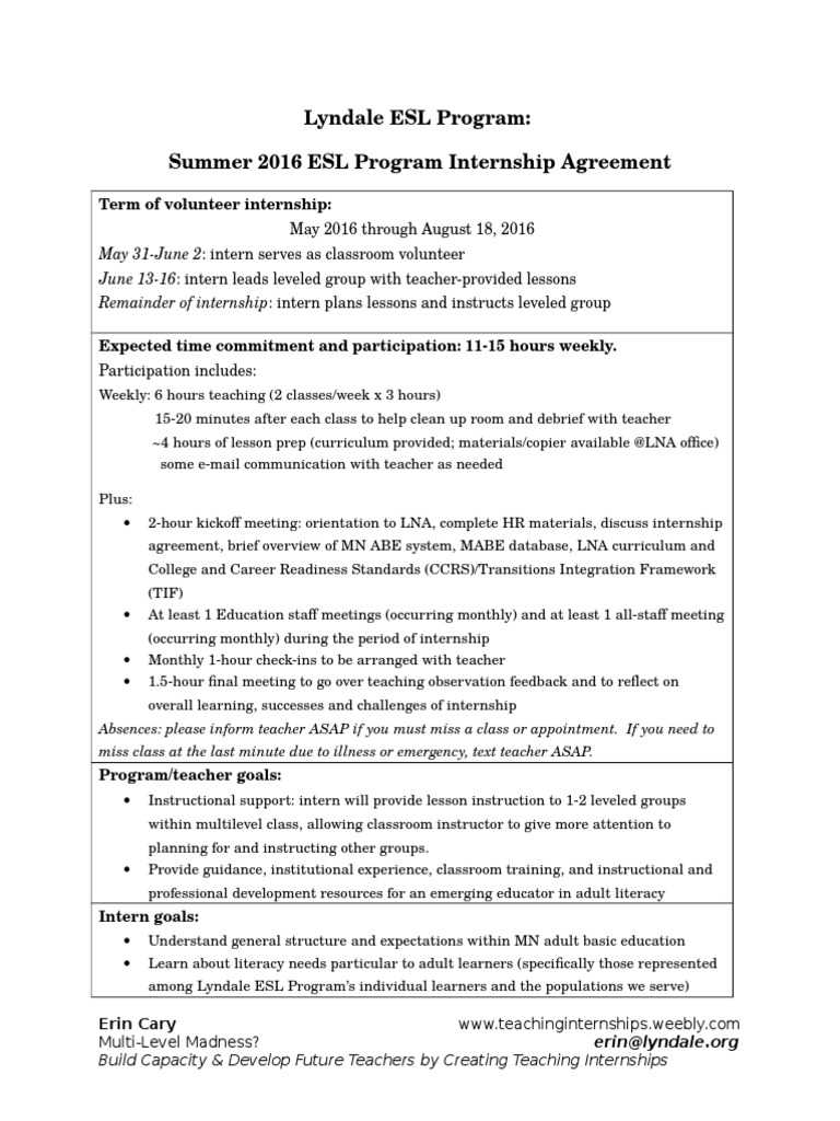 sample teaching internship agreement | Adult Education | Internship