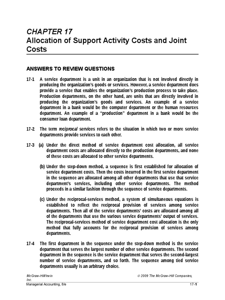 Allocation of Support Activity Costs and Joint Costs: Answers To Review ...