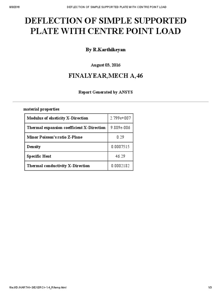 Deflection of Simple Supported Plate With Centre Point Load | PDF