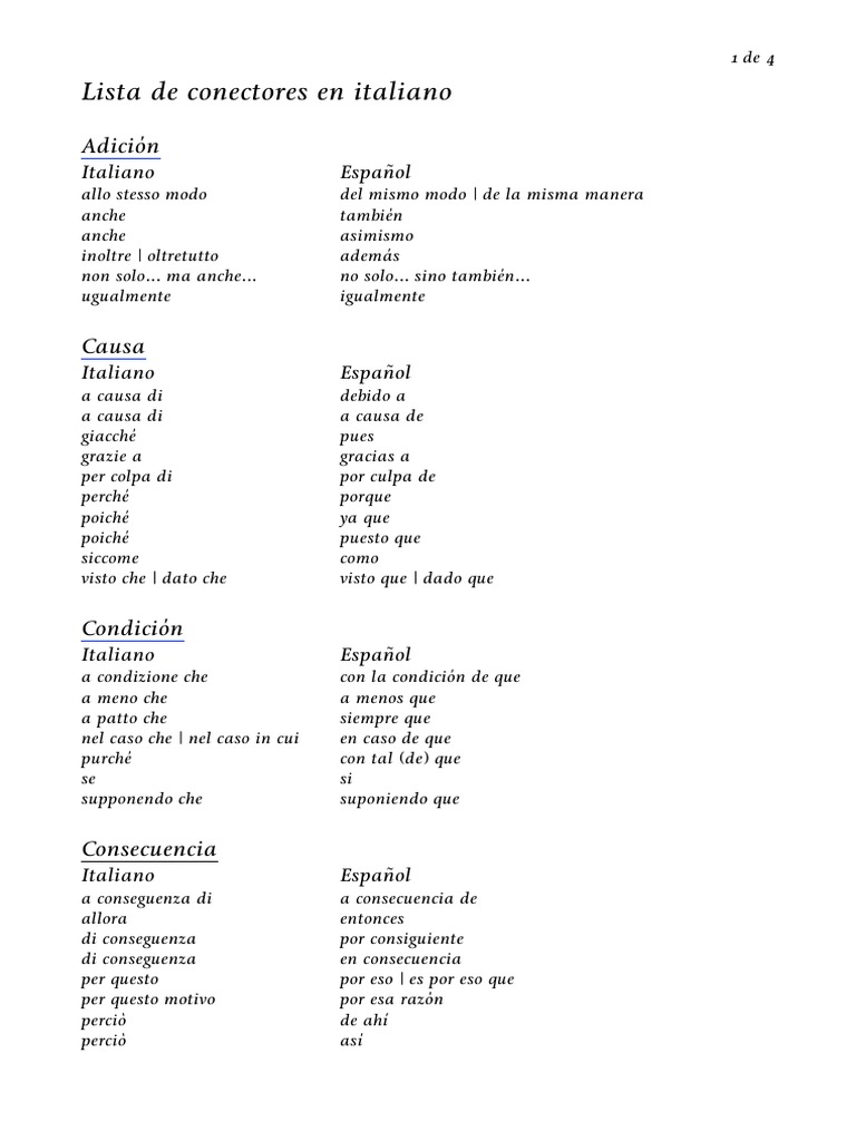 Lista de Conectores en Italiano | Science | Astronomía