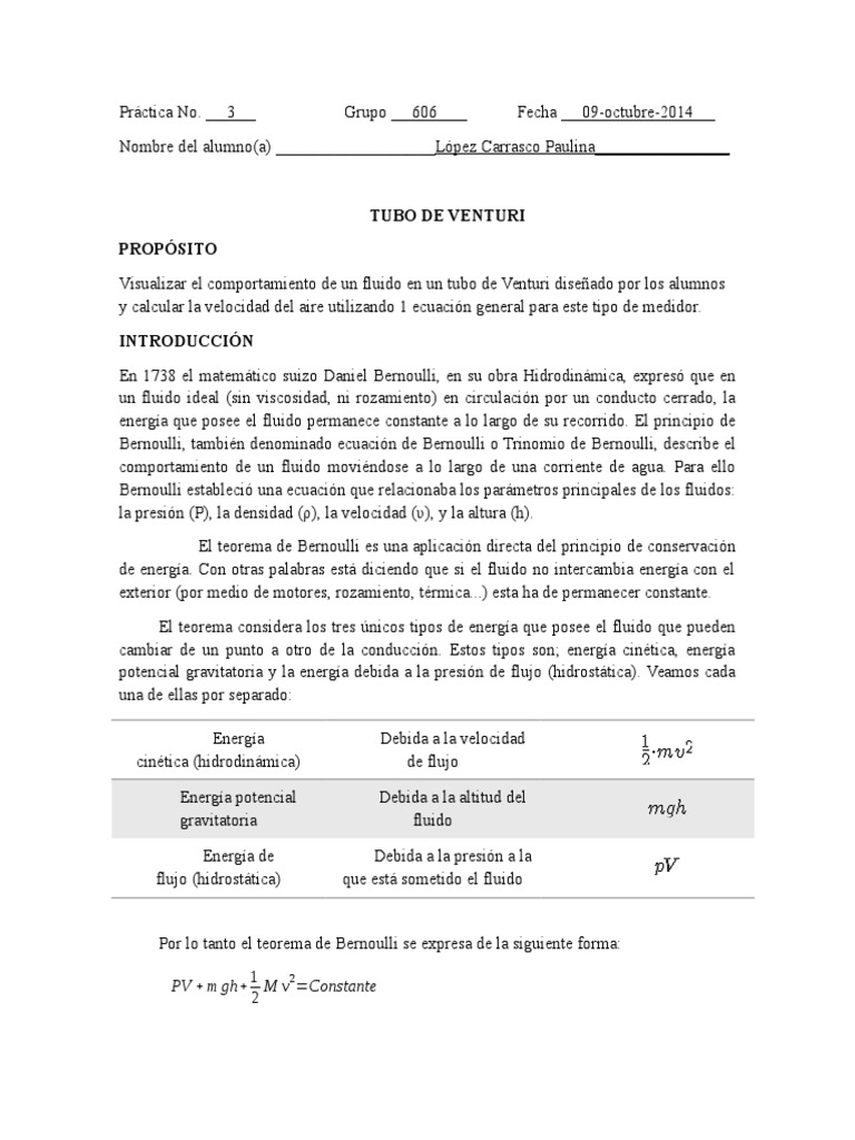 Práctica No 3 Tubo de Venturi | PDF | Presión | Viscosidad