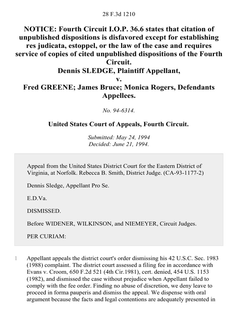 Dennis Sledge v. Fred Greene James Bruce Monica Rogers, 28 F.3d 1210 ...