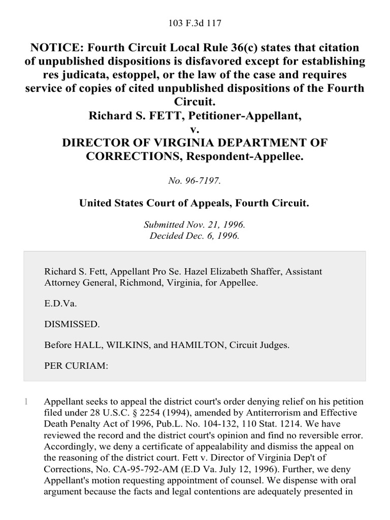 Richard S. Fett v. Director of Virginia Department of Corrections, 103 ...