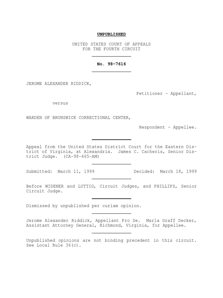 Riddick v. Warden of Brunswick, 4th Cir. (1999) | PDF