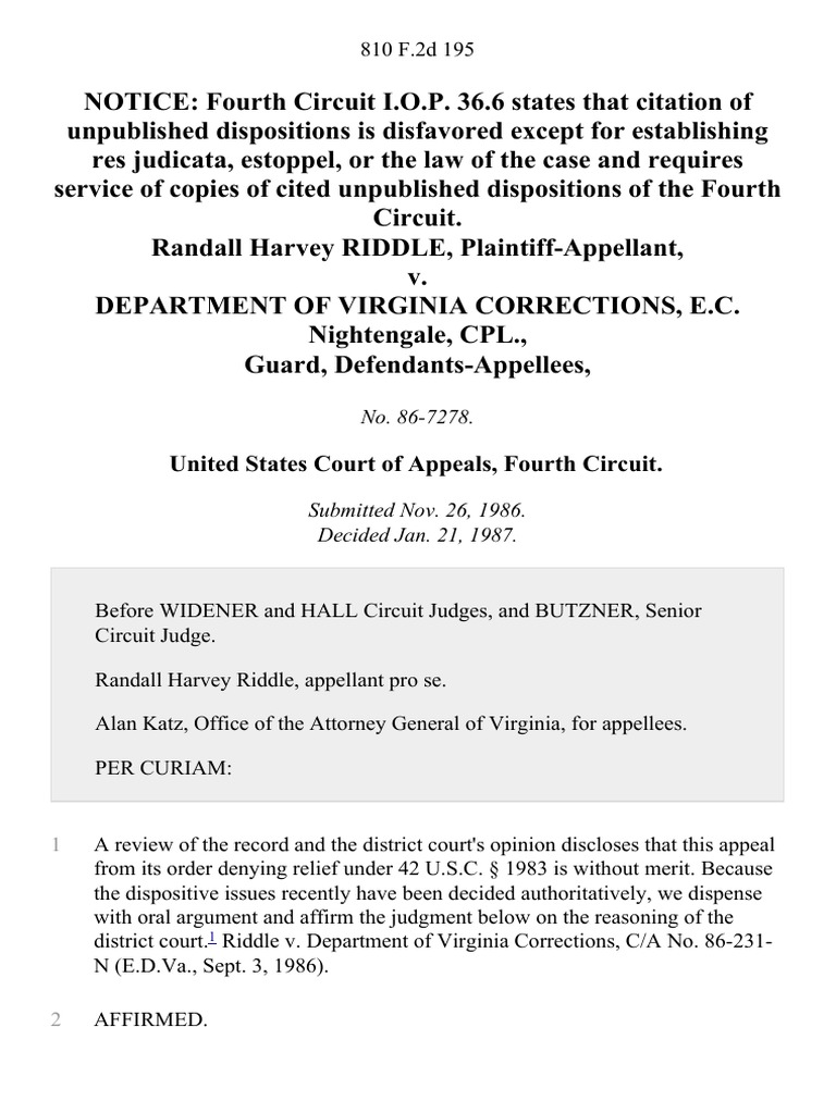 Randall Harvey Riddle v. Department of Virginia Corrections, E.C ...