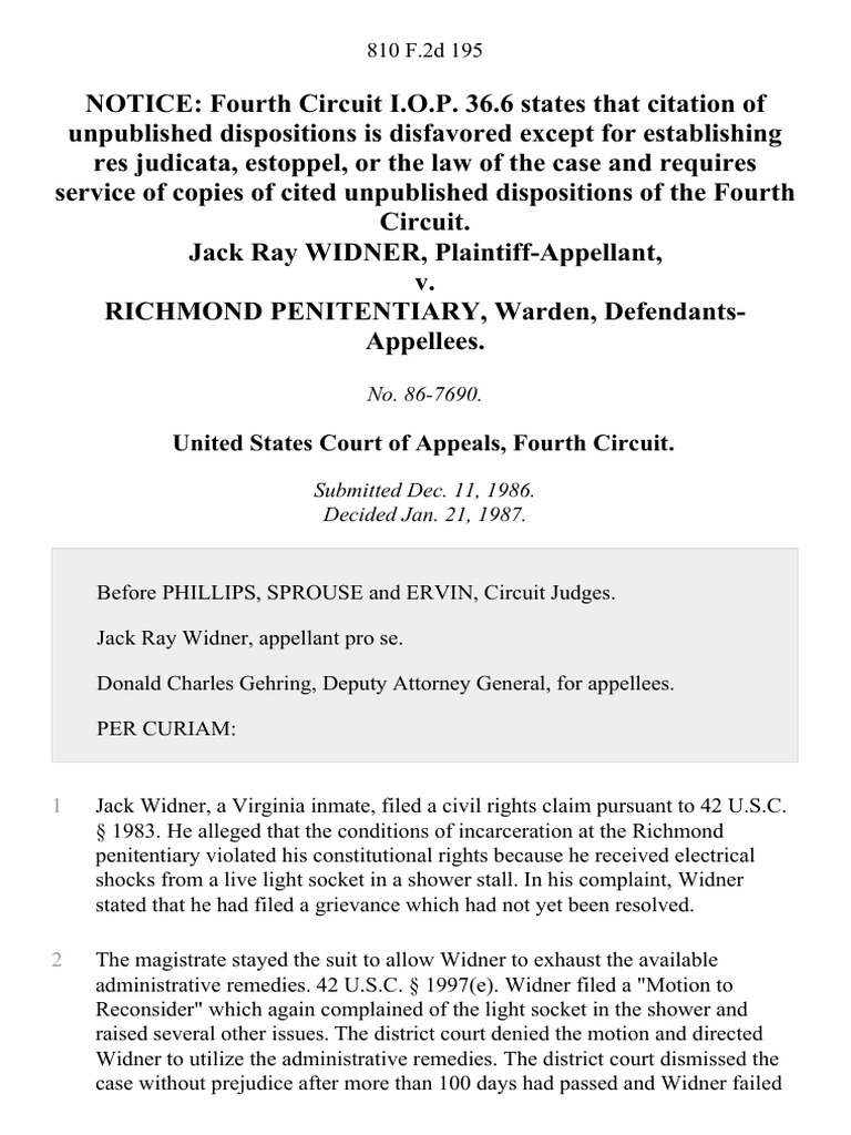 Jack Ray Widner v. Richmond Penitentiary, Warden, 810 F.2d 195, 4th Cir. (1987) | PDF